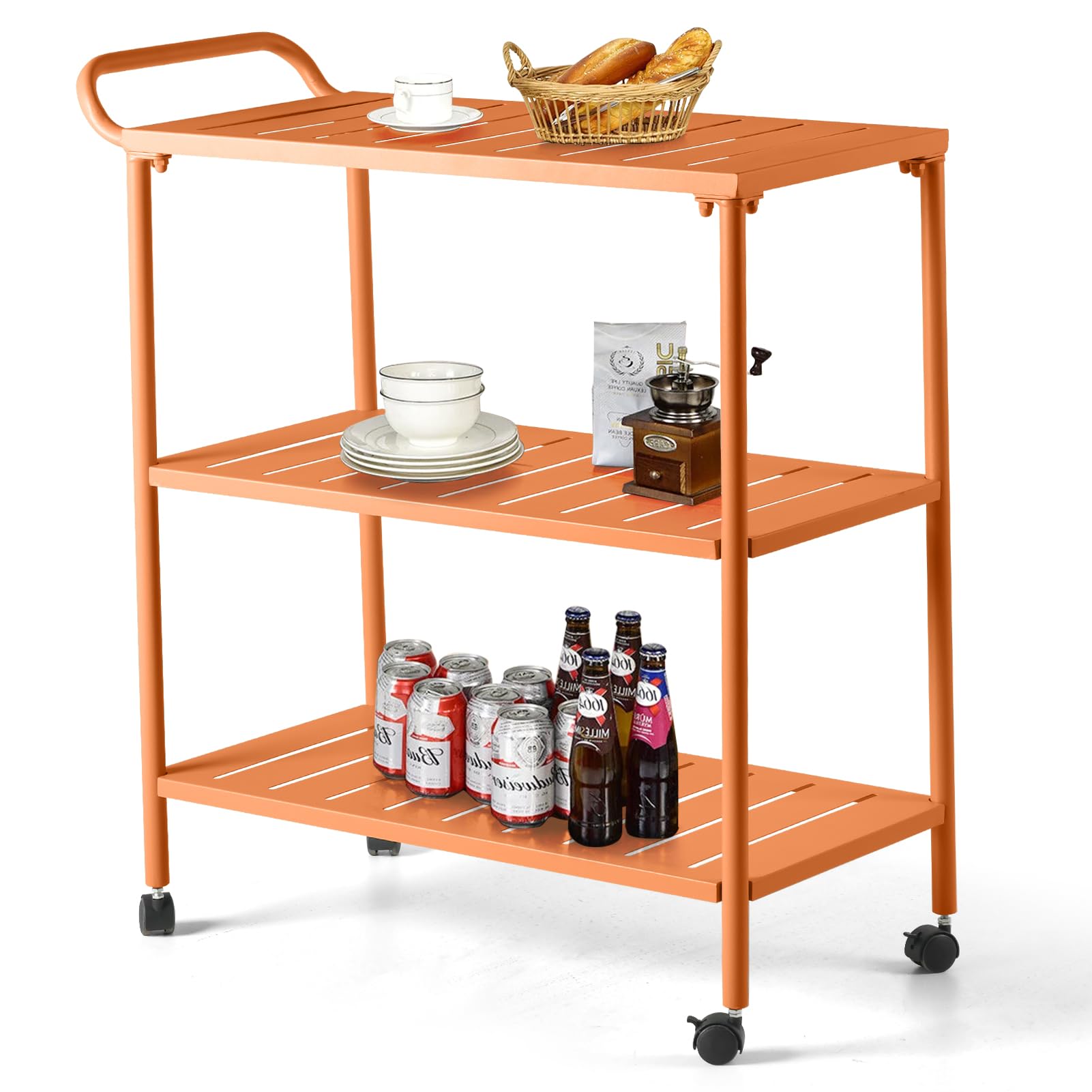 Outdoor Three-Shelf Metal Dining Cart with Wheels Utility BBQ Food Prep ...