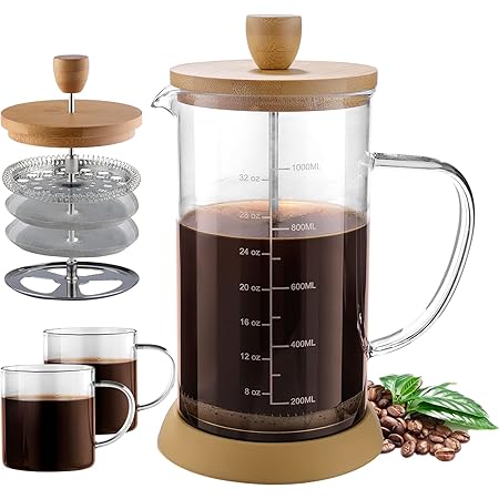 Amazon.com: Navaris French Press Coffee Maker - 24 oz / 3 Cup Borosilicate Glass and Real Wood ...