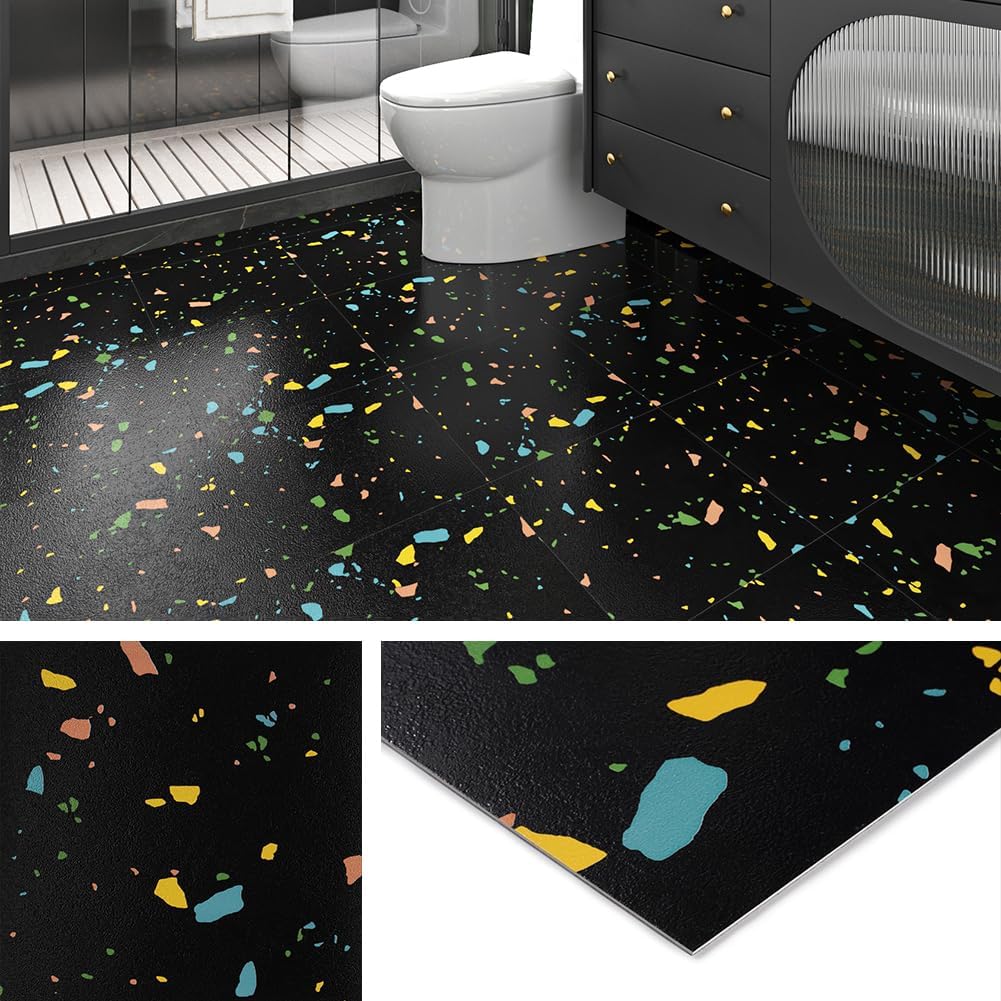 Livelynine Peel and Stick Floor Tile Black Terrazzo Vinyl Flooring Self ...