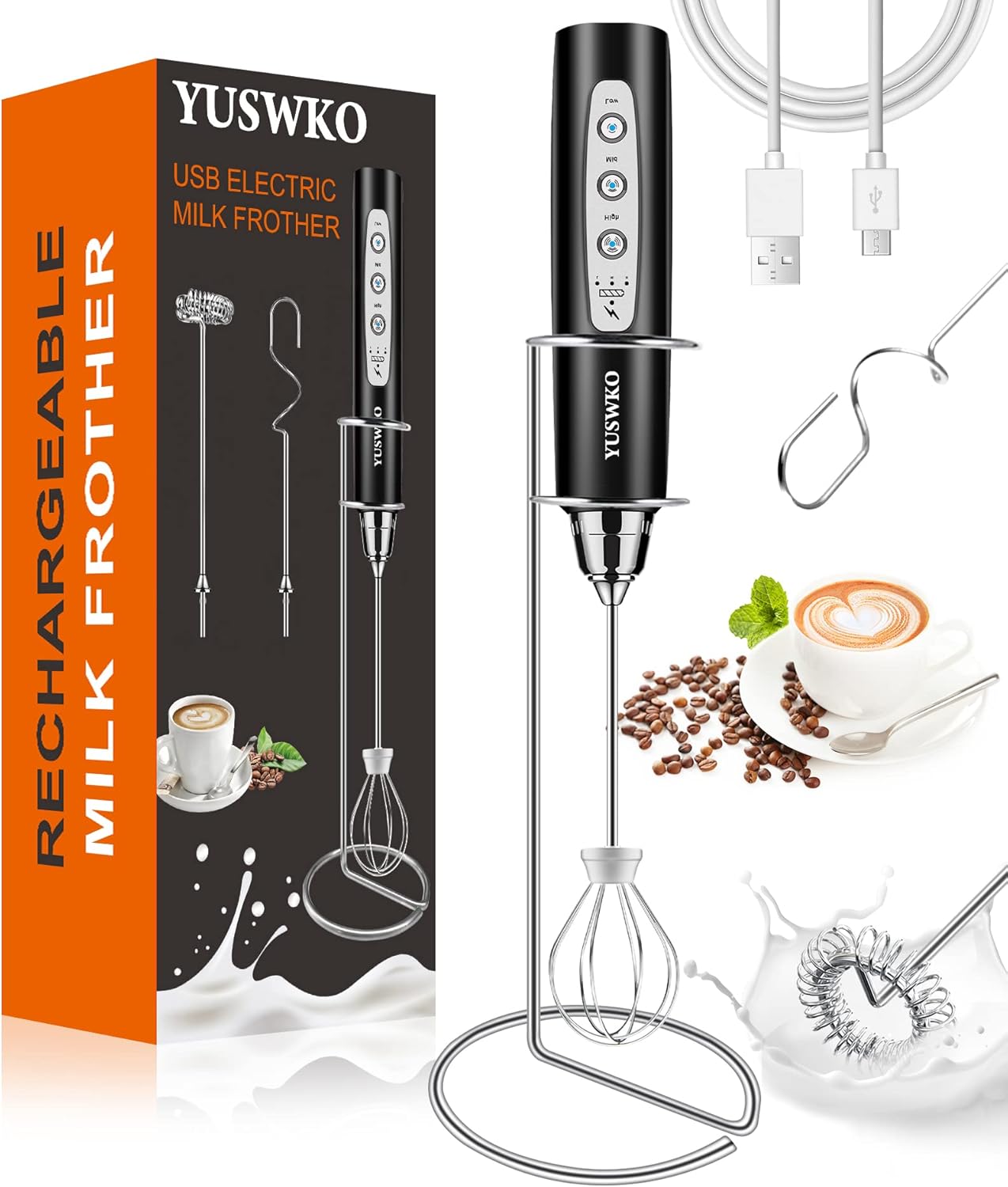 Amazon.com: YUSWKO Black Handheld Milk Frother Wand with Stand for ...