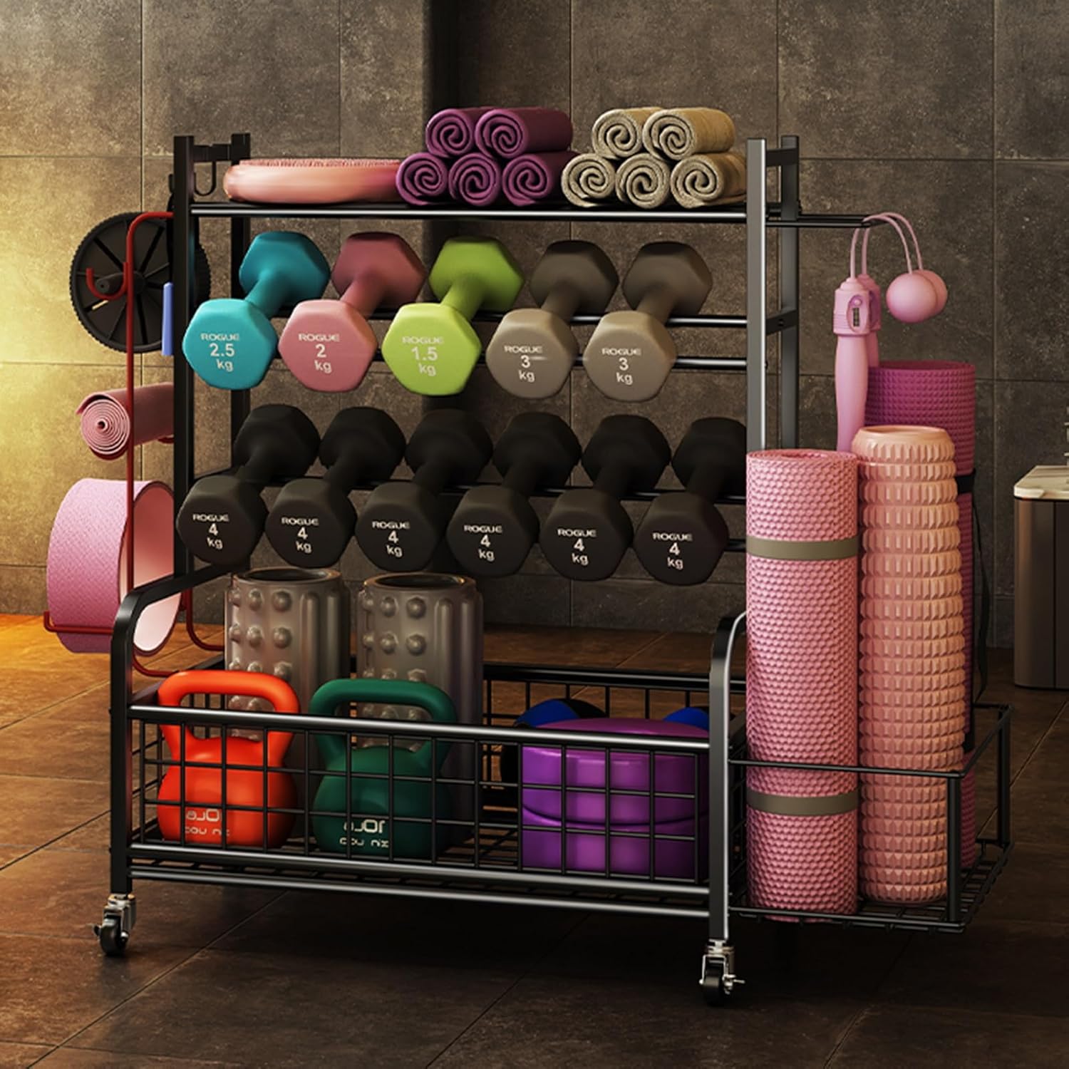Amazon.com : TUJOBA Metal Yoga Mat Storage Rack with Wheels, Home Gym ...