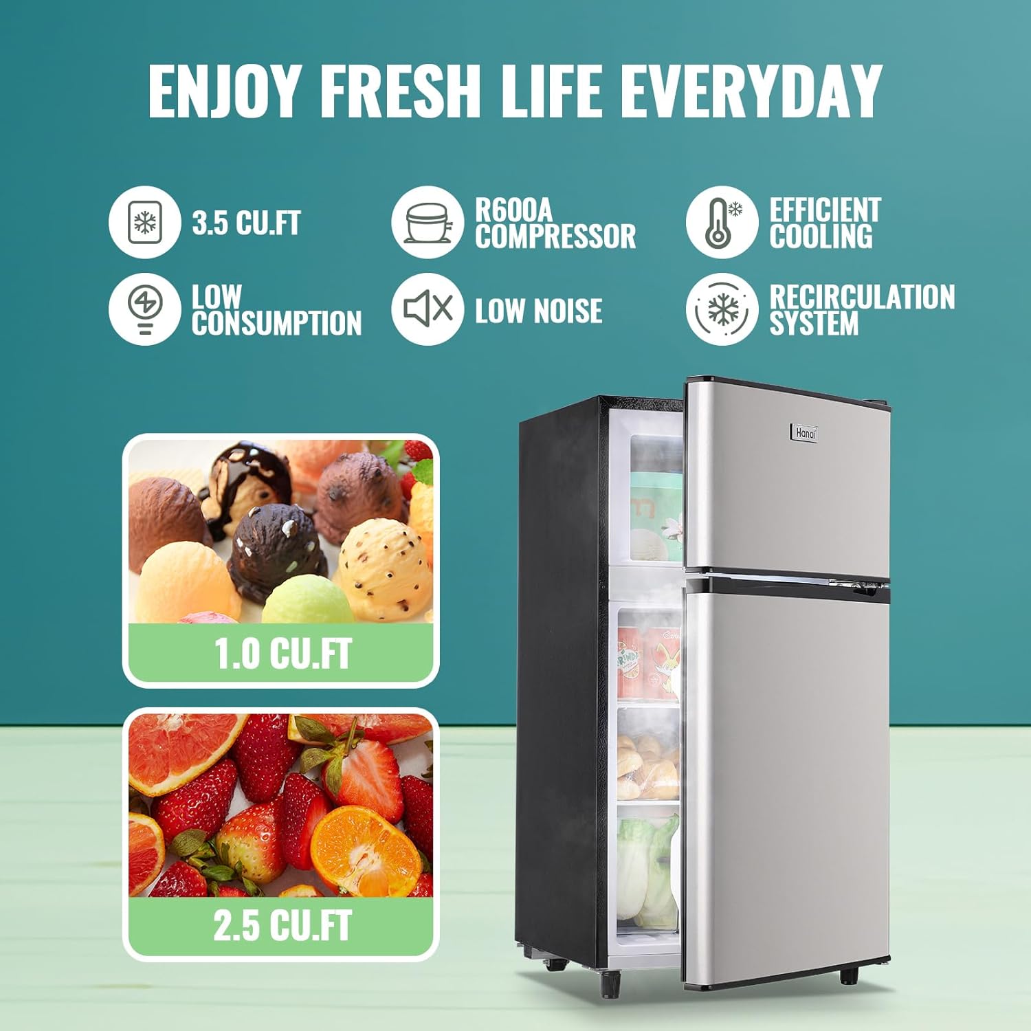 WANAI Mini refrigerador de doble puerta de 3.5 pies cúbicos con congelador, refrigerador ...