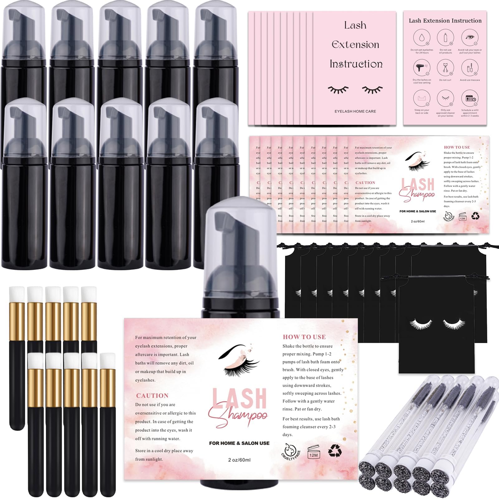 Amazon.com: 60PCS Lash Shampoo Bottles and Brushes Set, 10pcs Foam Pump ...