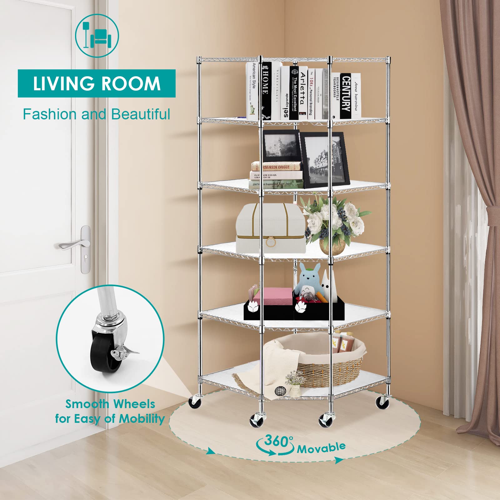 Snapklik.com : BNSPLY 6 Tier Corner Wire Shelving Unit, Adjustable Metal Storage Rack, Mobile ...