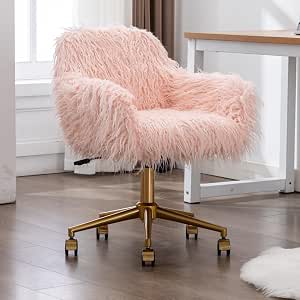 AADEN Faux Fur Desk Chair, Modern Fluffy Fuzzy Vanity Chair with Wheels ...