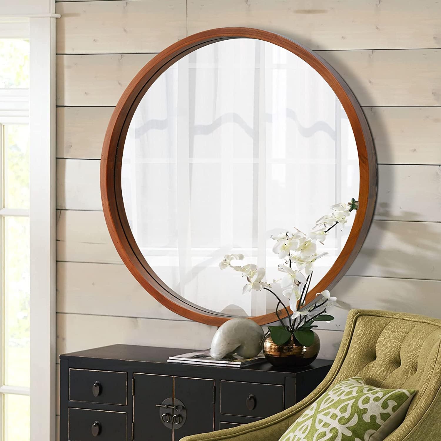 Amazon.com: Round Decorative Mirror, Wood Frame Round Wall Mirror ...