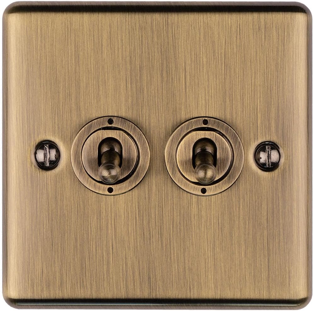 2 Gang Double Retro Toggle Light Switch Antique Brass 10A 2 Way Lever ...