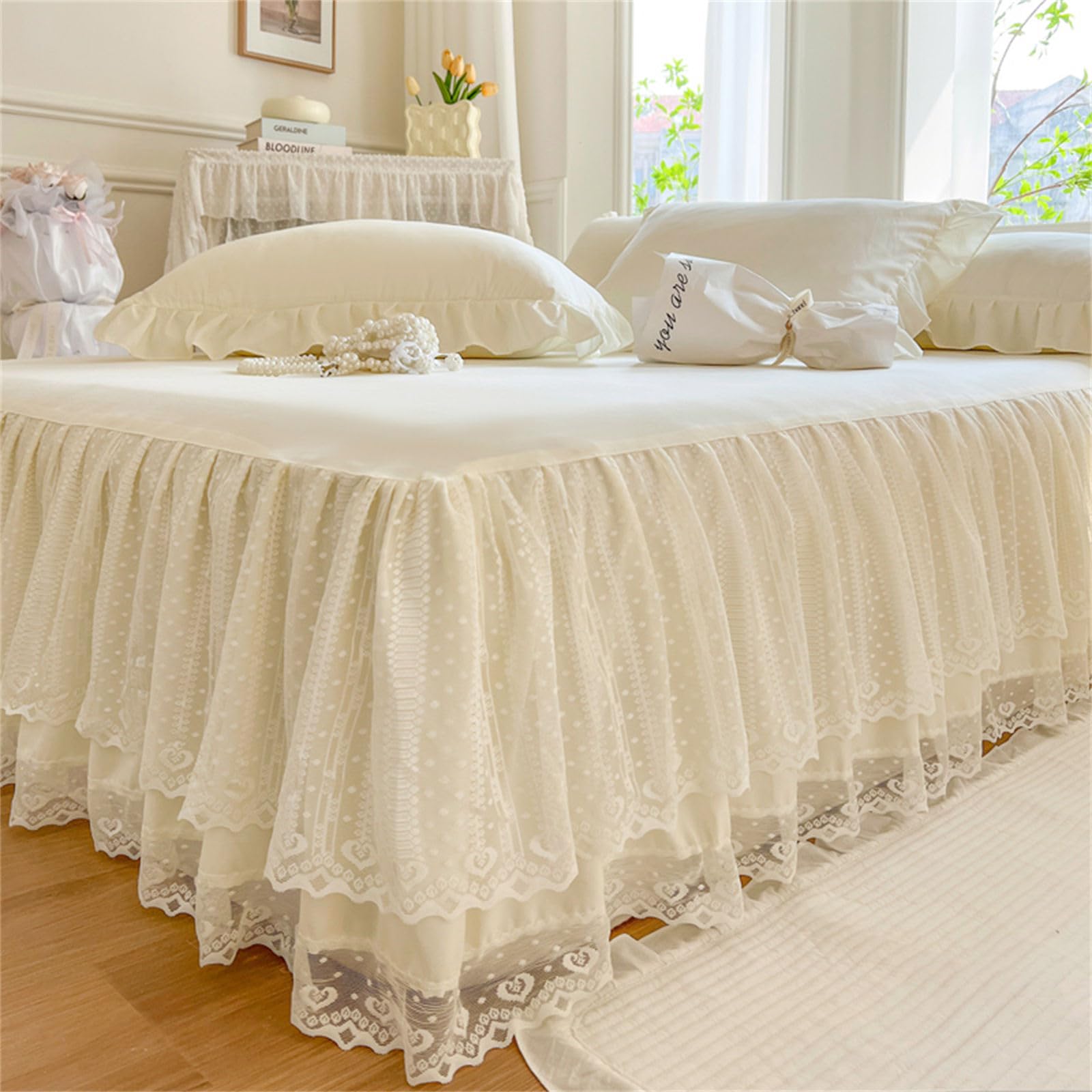 Odot Solid Color Valance Fitted Sheet, White Lace Edge Design Fitted ...