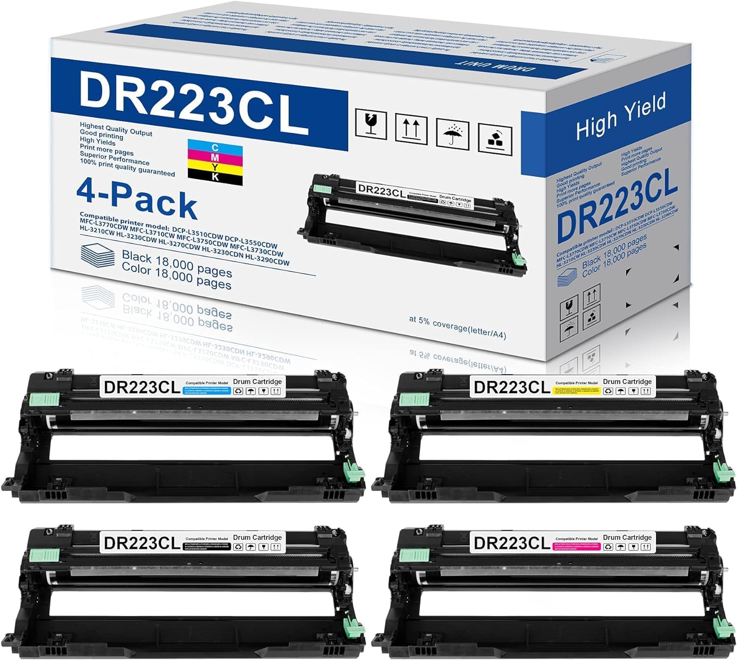 4-Pack(1BK+1C+1M+1Y) DR223CL Drum Unit DR-223CL DR223 Drum Works with ...