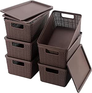 Amazon.com - WRRLORS 6 Pack Plastic Storage Baskets With Lids,Brown ...