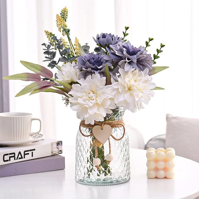 GDSSG Fake Artificial Flowers with Vase,Silk Blue Daliha Flower Arrangements in Vase for Home ...