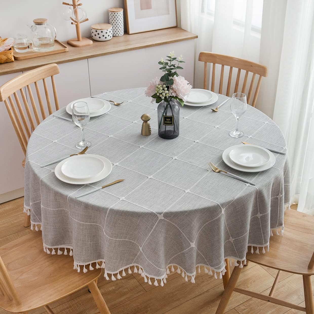 SPRICA Nappe Ronde Jacquard Coton Lin Pompon Nappe de Table Décorative ...