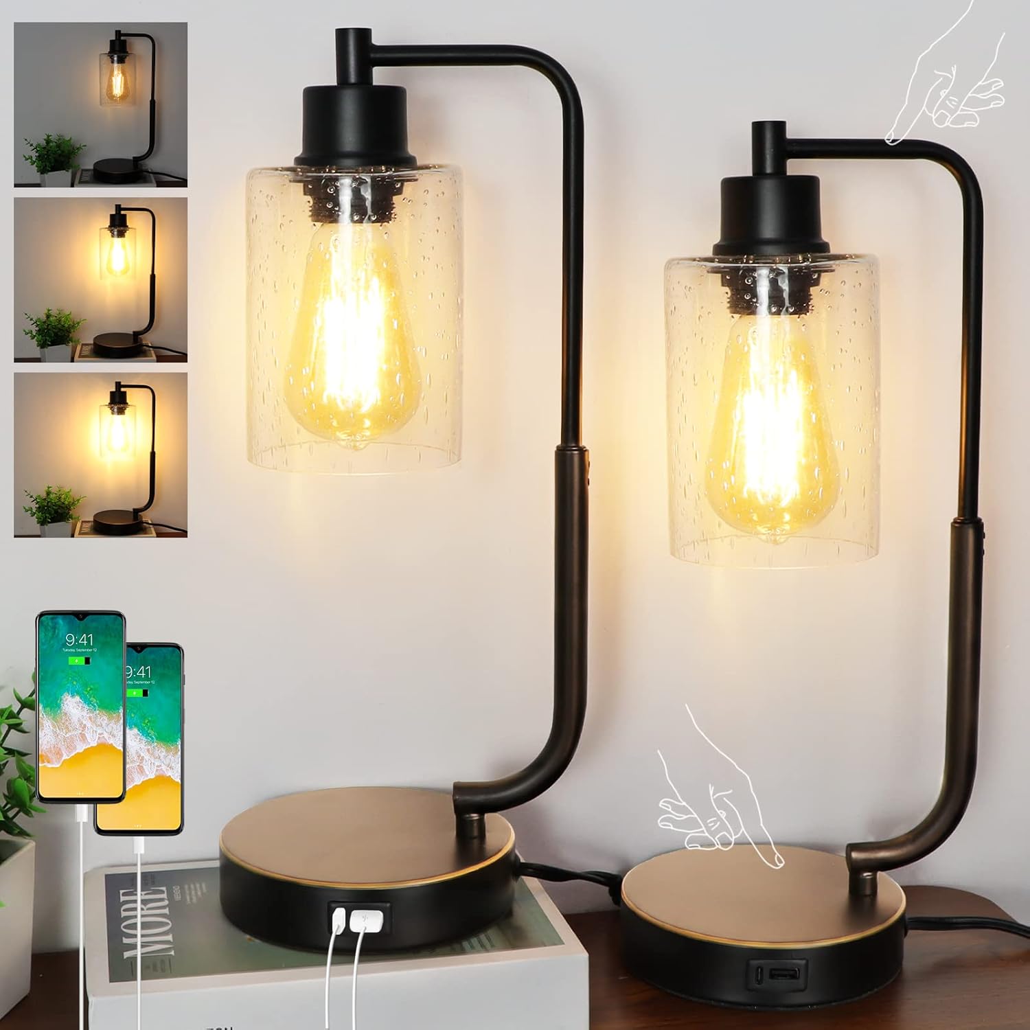 Set of 2 Industrial Touch Control Table Lamps, Bedside Lamps with 2 USB ...