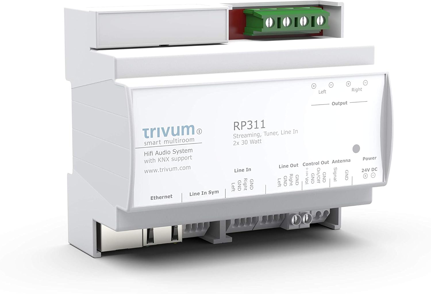 trivum RP311v2 SoundSystem on the top-hat rail for 1 zone. Combinable ...