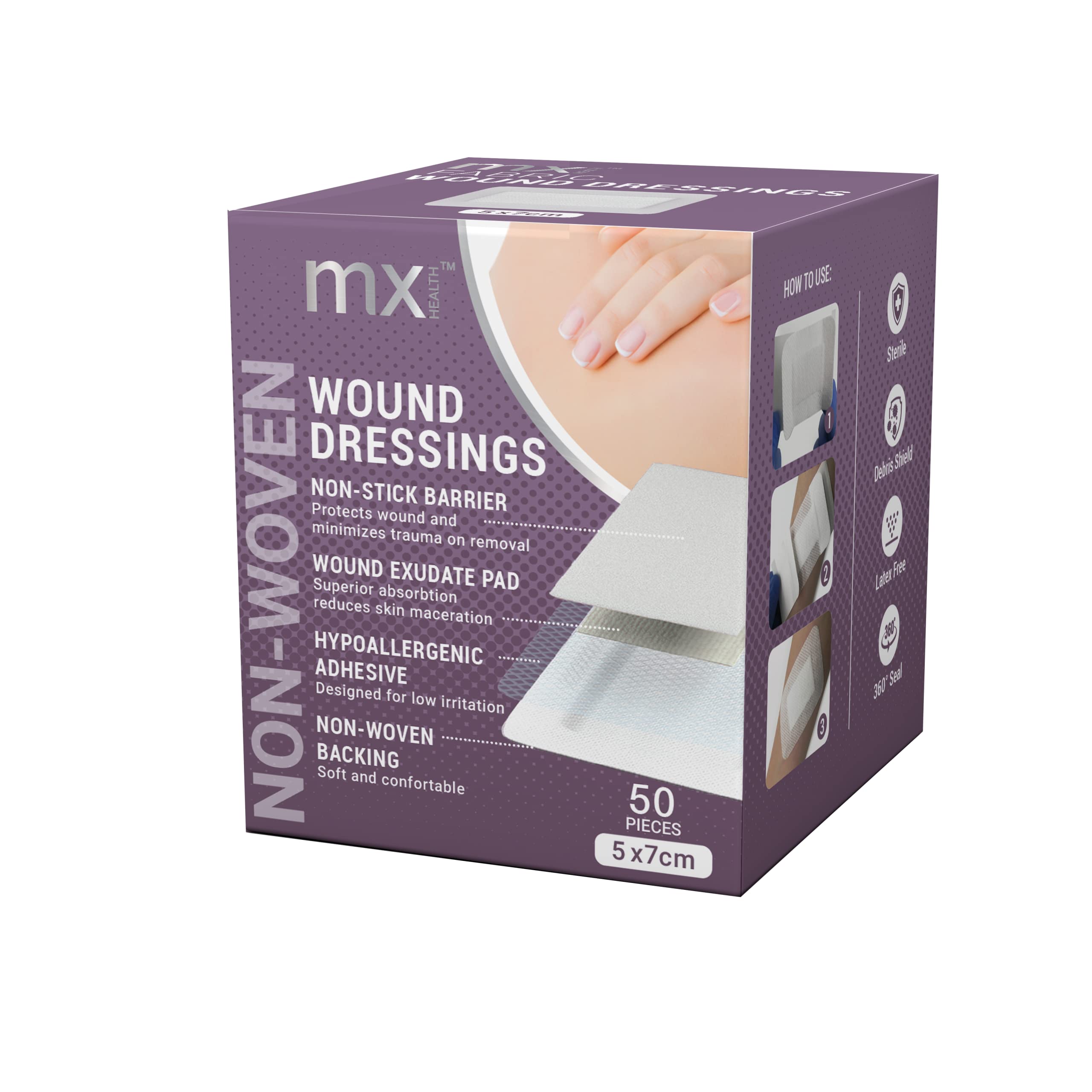 mx HEALTH Fabric Wound Dressing - 5X7CM (2.5X4CM Wound PAD) - 50 ...