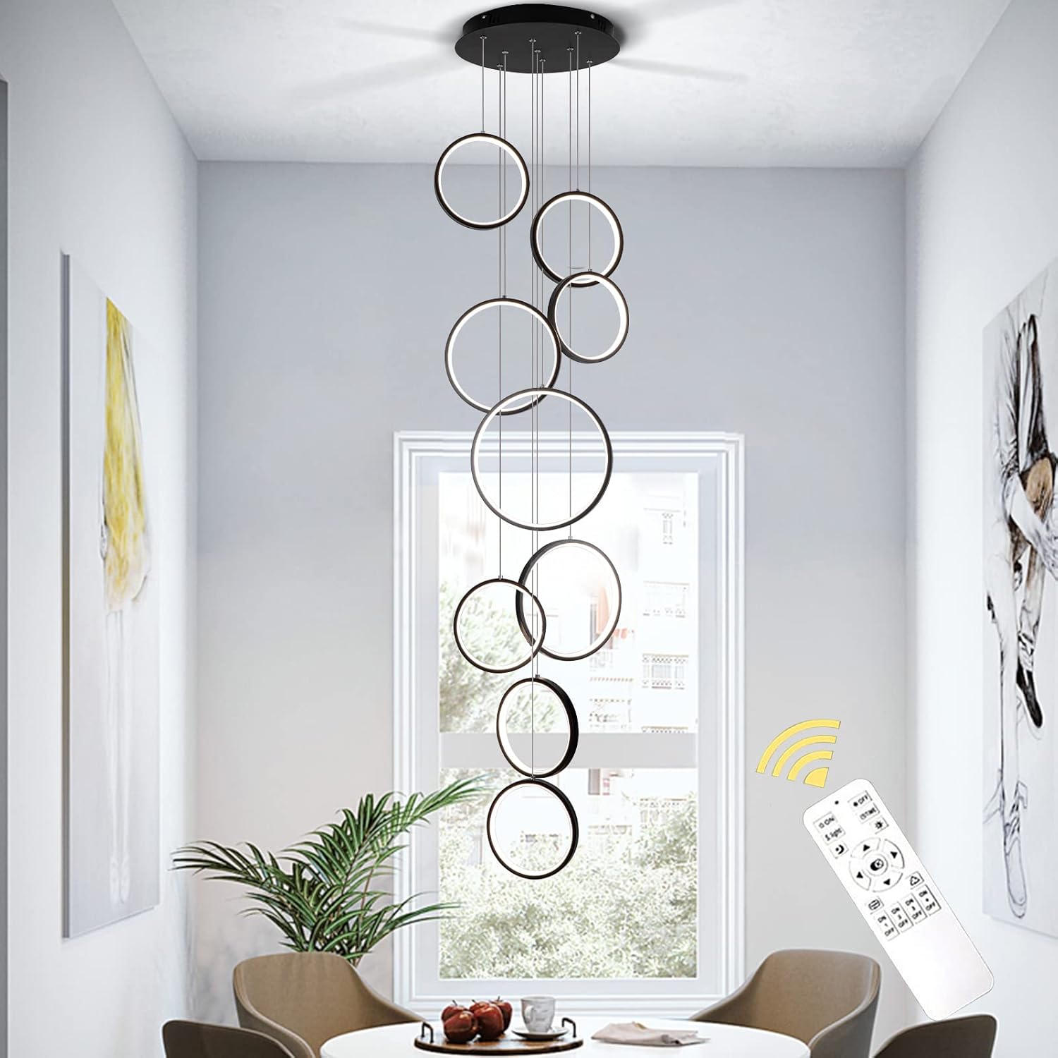 CANEOE Modern Led Chandelier, 9 Rings Black Dimmable Led Foyer ...