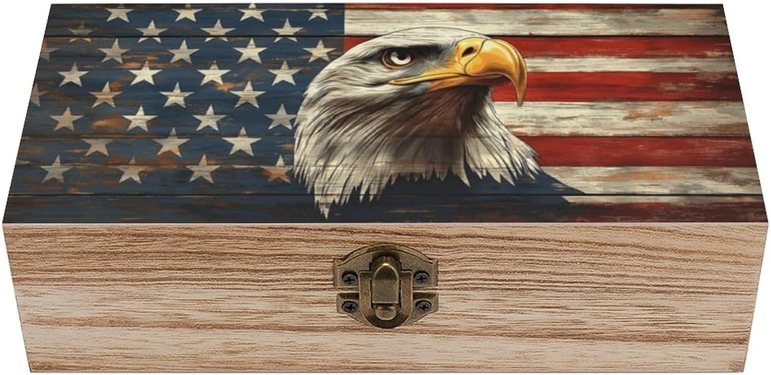 Amazon.com: Bdfoijihs American Flag with Bald Eagle Wooden Storage Box ...