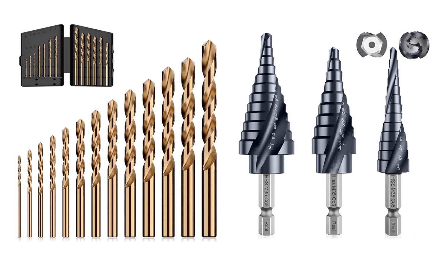 MACXCOIP 13Pcs Cobalt Drill Bit Set & M35 Cobalt Step Drill Bit with ...