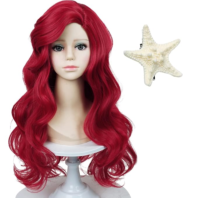 Amazon.com: Mermaid Wigs for kids Girls Long Curly Dark Red Mermaid ...