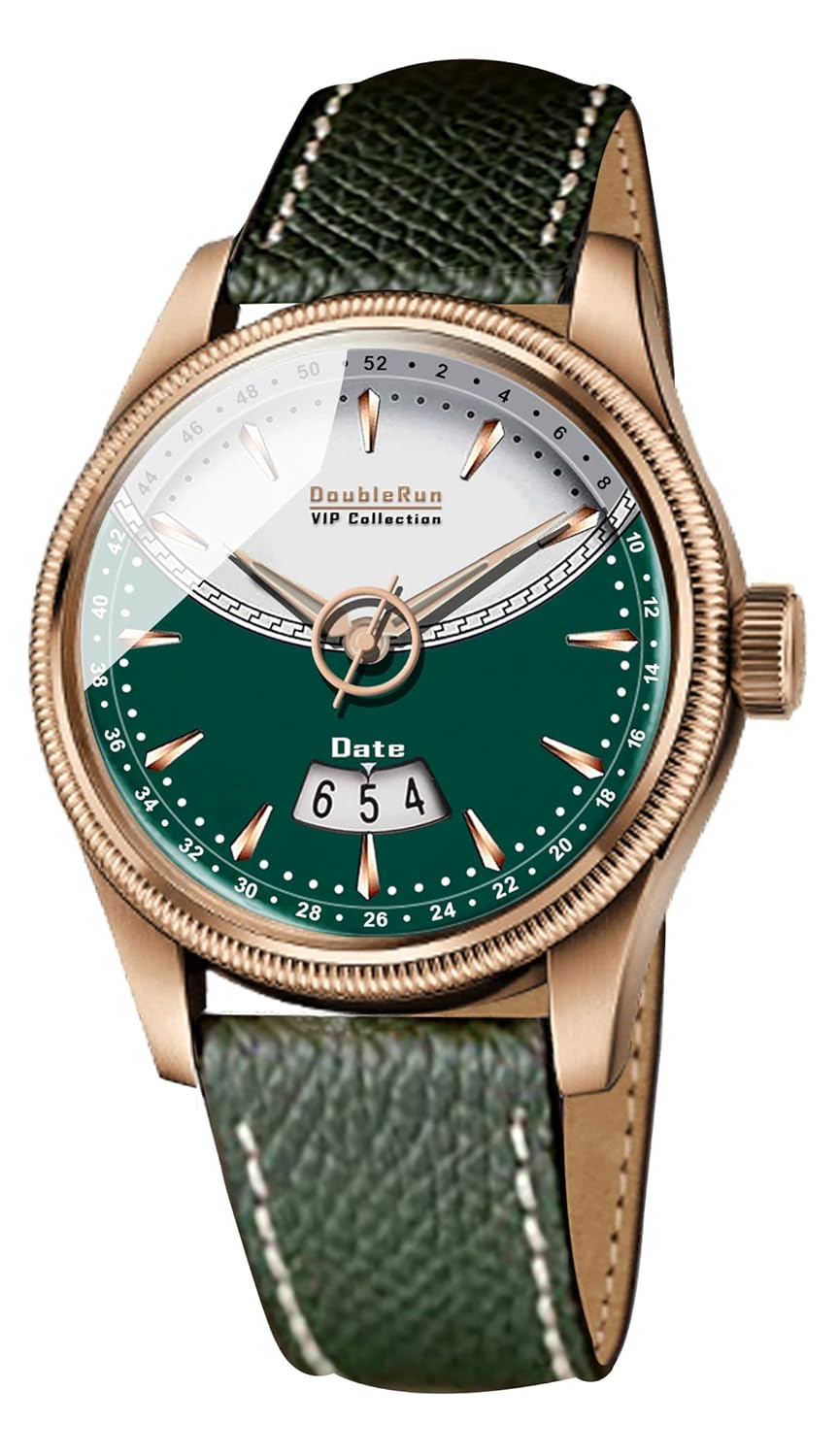 Buy DOUBLERUN 9031 Date Display Tow Tone Green Dial Leather Belt Analog ...