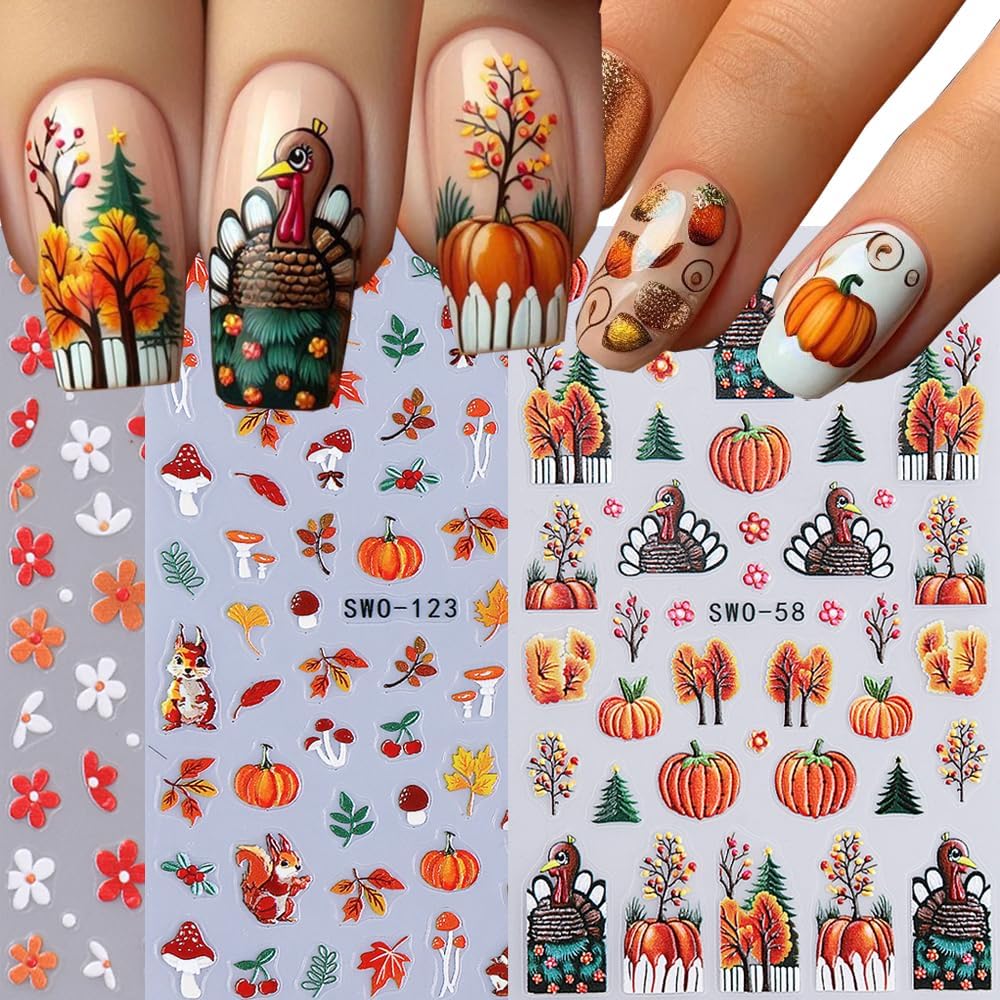 Amazon.com: 3 Sheets Fall Nail Stickers for Nail Art, 5D Embossed Self ...