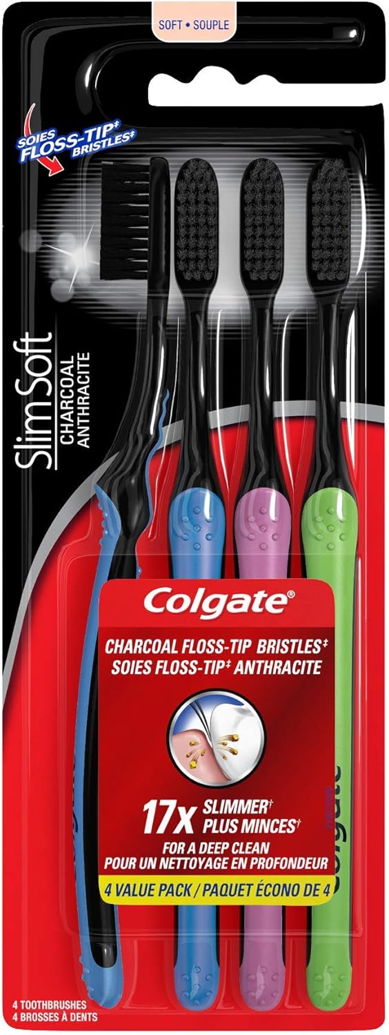 Colgate Slim Soft Charcoal Compact Head Toothbrush, Soft, 4 Count ...