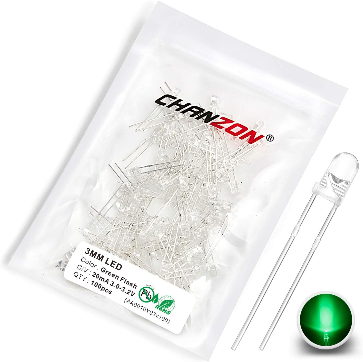 Chanzon 100 pcs 3mm Blinking Green LED Diode Lights 1.5Hz Flashing ...