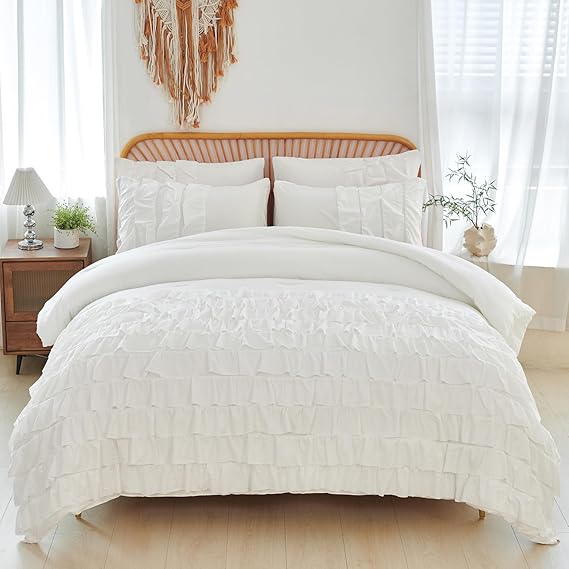 Amazon.com: PERFEMET White Ruffle Comforter Set Full Size Multi Layers ...