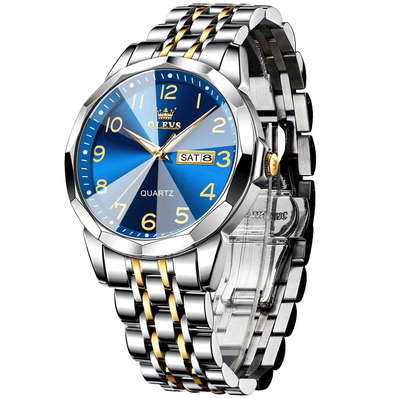 OLEVS Montre Homme, Gold Blue Watch for Men Stainless Steel Easy Read ...