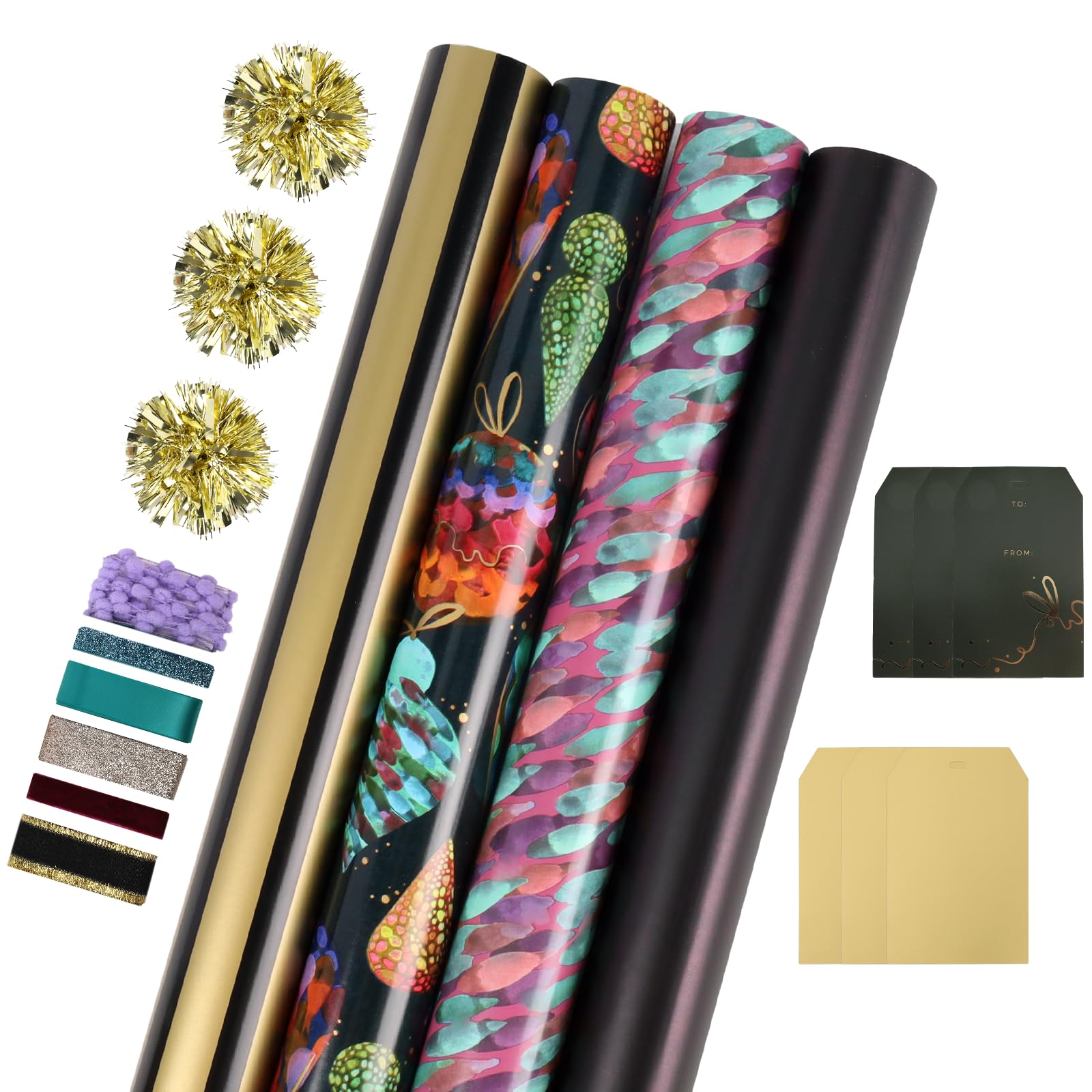 Amazon.com: LaRibbons Christmas Wrapping Paper Sets, Metallic Jewel ...