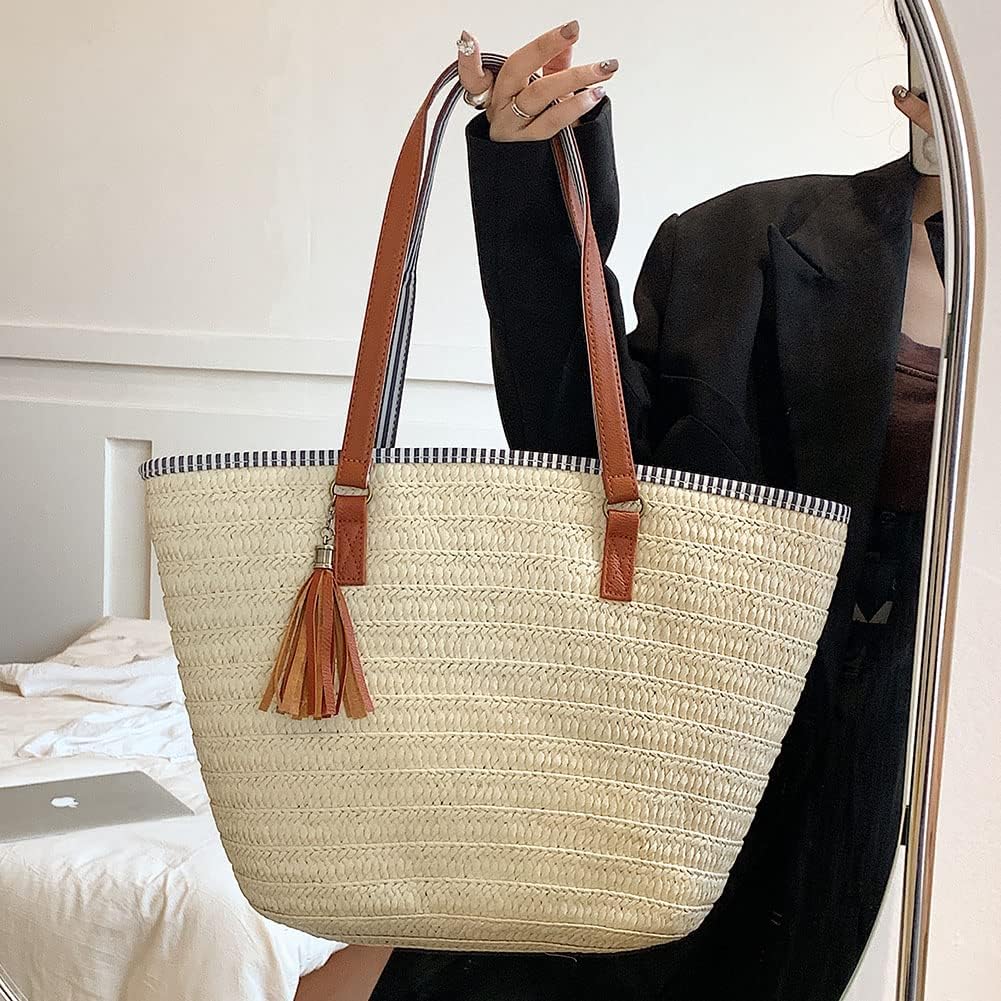 TIAASTAP Strohtaschen Damen, Sommer Strandtasche Stroh Groß Geflochten ...