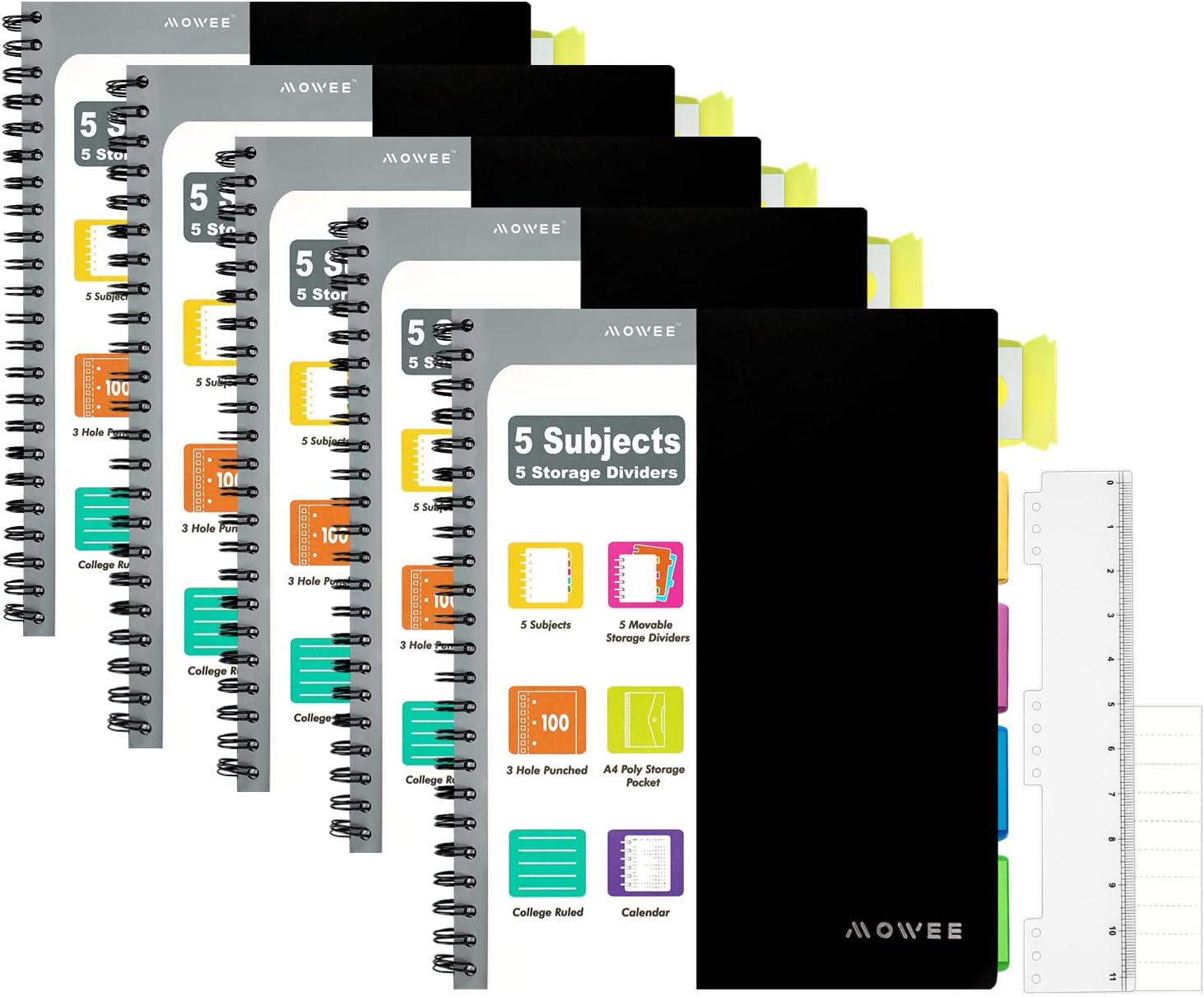 Amazon.com : MOWEE Spiral Notebook - 5 Subject Notebook, College Ruled ...