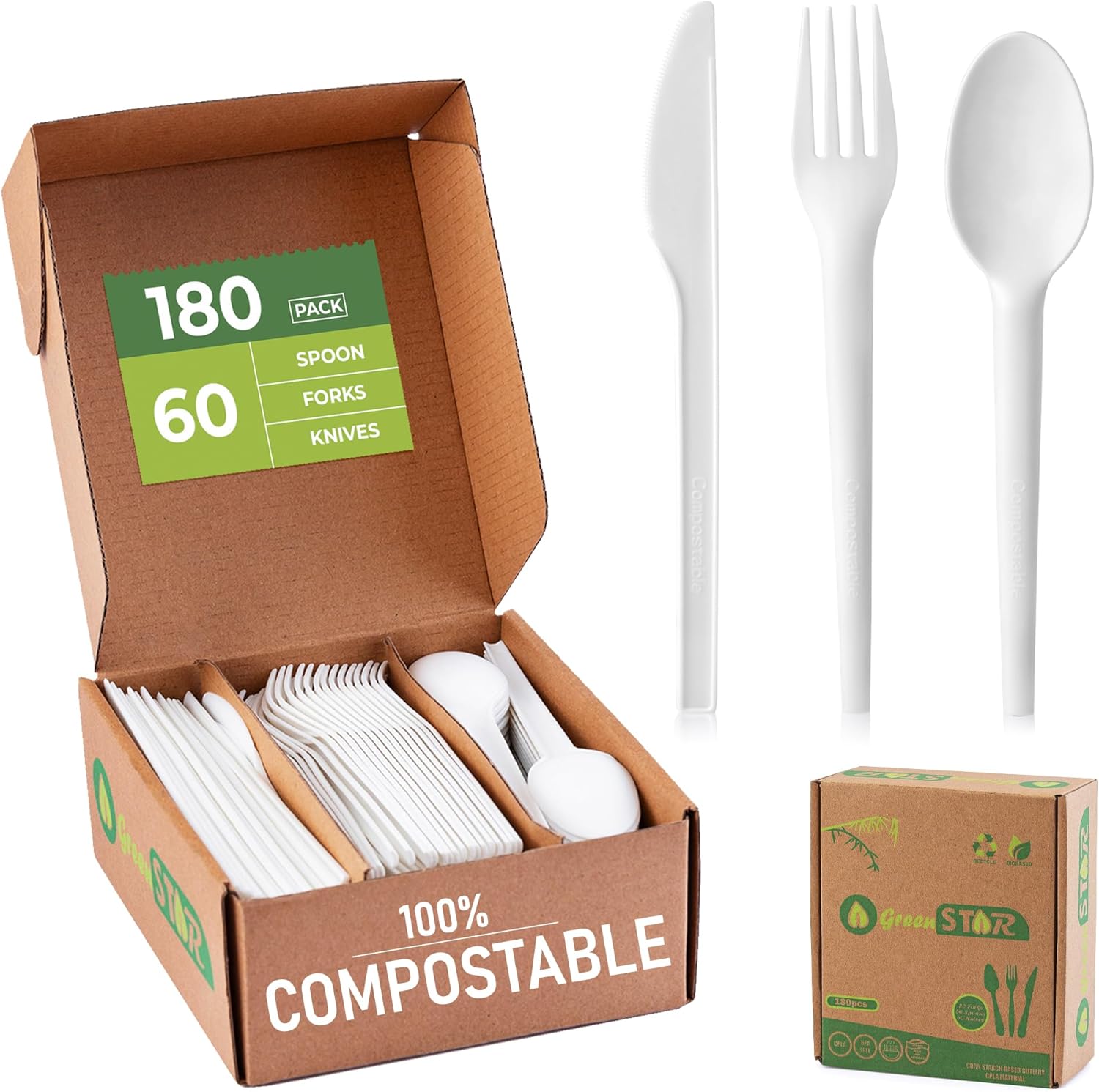 Amazon.com: 180 Pcs Biodegradable Cutlery Set, 60 Spoons, 60 Forks, 60 ...