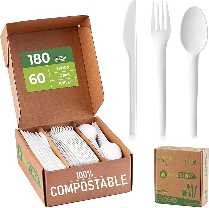 Amazon.com: 180 Pcs Biodegradable Cutlery Set, 60 Spoons, 60 Forks, 60 ...