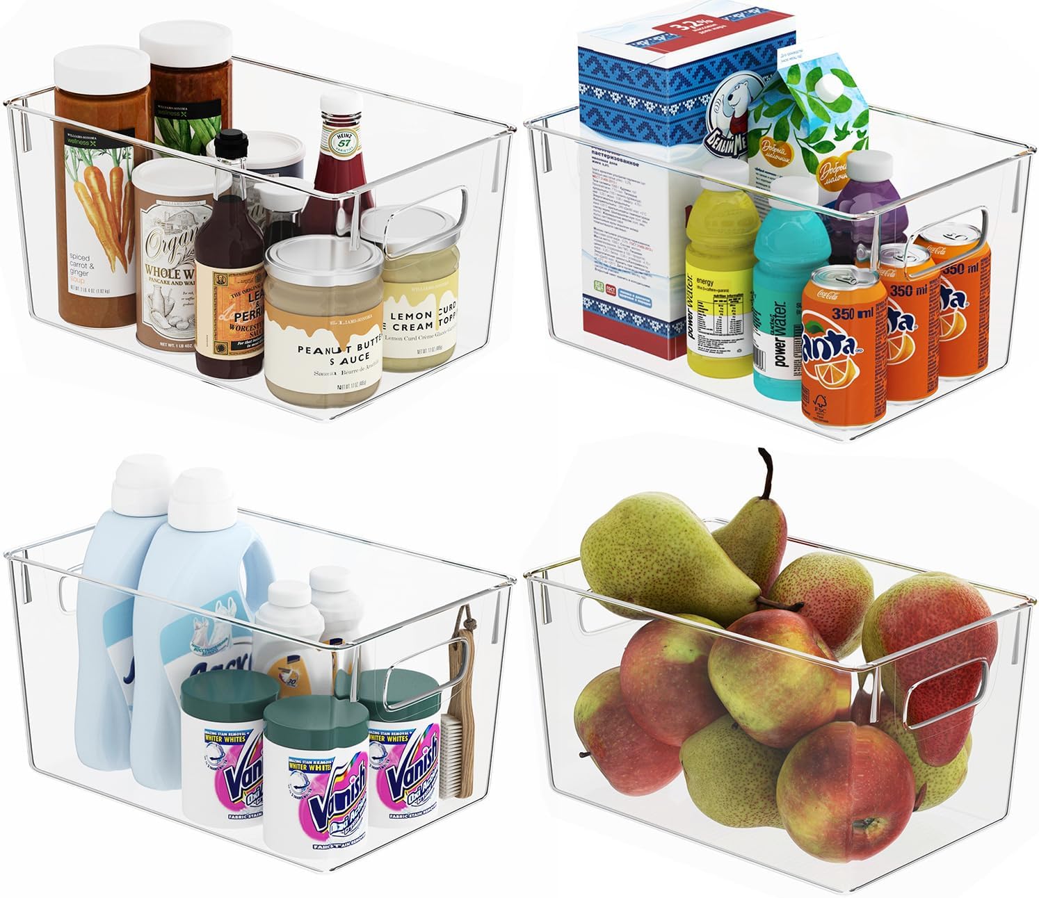 Amazon.com: 4 Pack Clear Storage Organizer Bins with Handle, Pantry ...