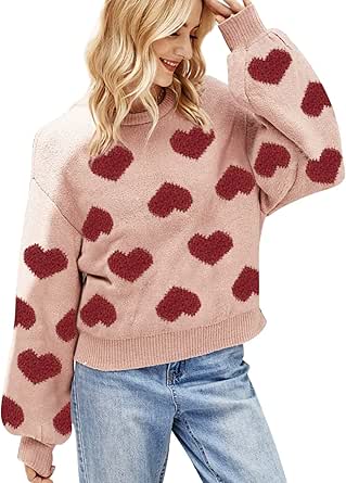Amazon.com: Women's Valentine's Day Cute Love Pattern Knit Sweater Soft ...