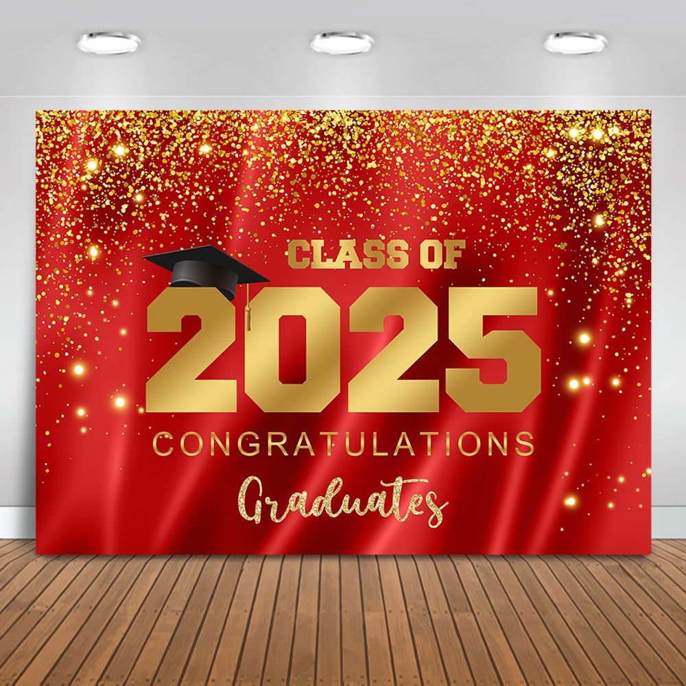 Amazon.com : Mocsicka Congrats Grad Backdrop 7x5ft Red Gold Congrats ...