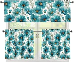 Amazon.com: CREAMIC Ink Flower Tier Curtains and Valance Set, Blue 3 ...