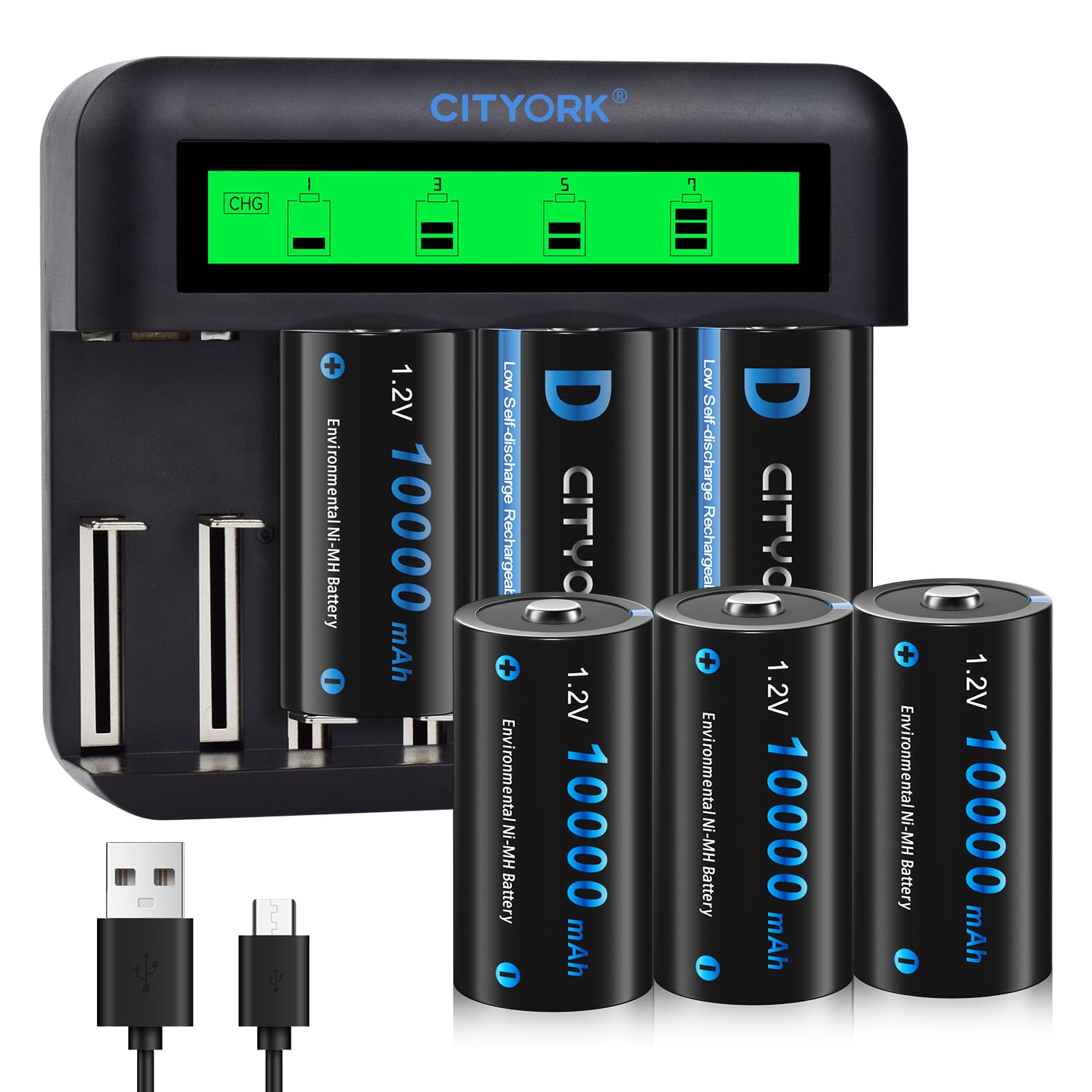 CITYORK 6-Pack 10000mAh Ni-MH D Size Rechargeable Batteries with 8 Slot ...
