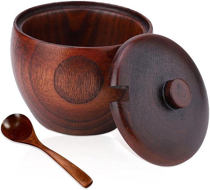 Wood Salt Box Spice Jar, Natural Wooden Salt Cellar with Lid and Spoon, Jar Sugar Bowl Pepper ...