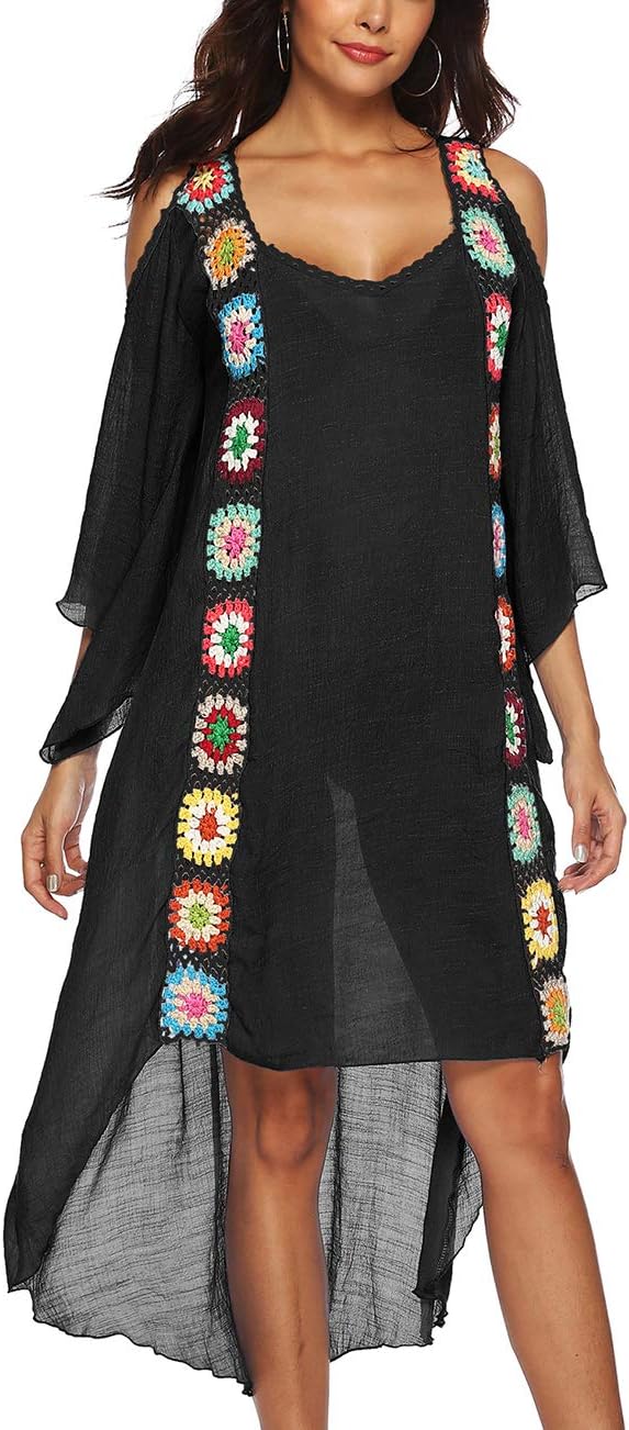 Bsubseach Cold Shoulder Cover Ups for Swimwear Women Embroidery Beach ...