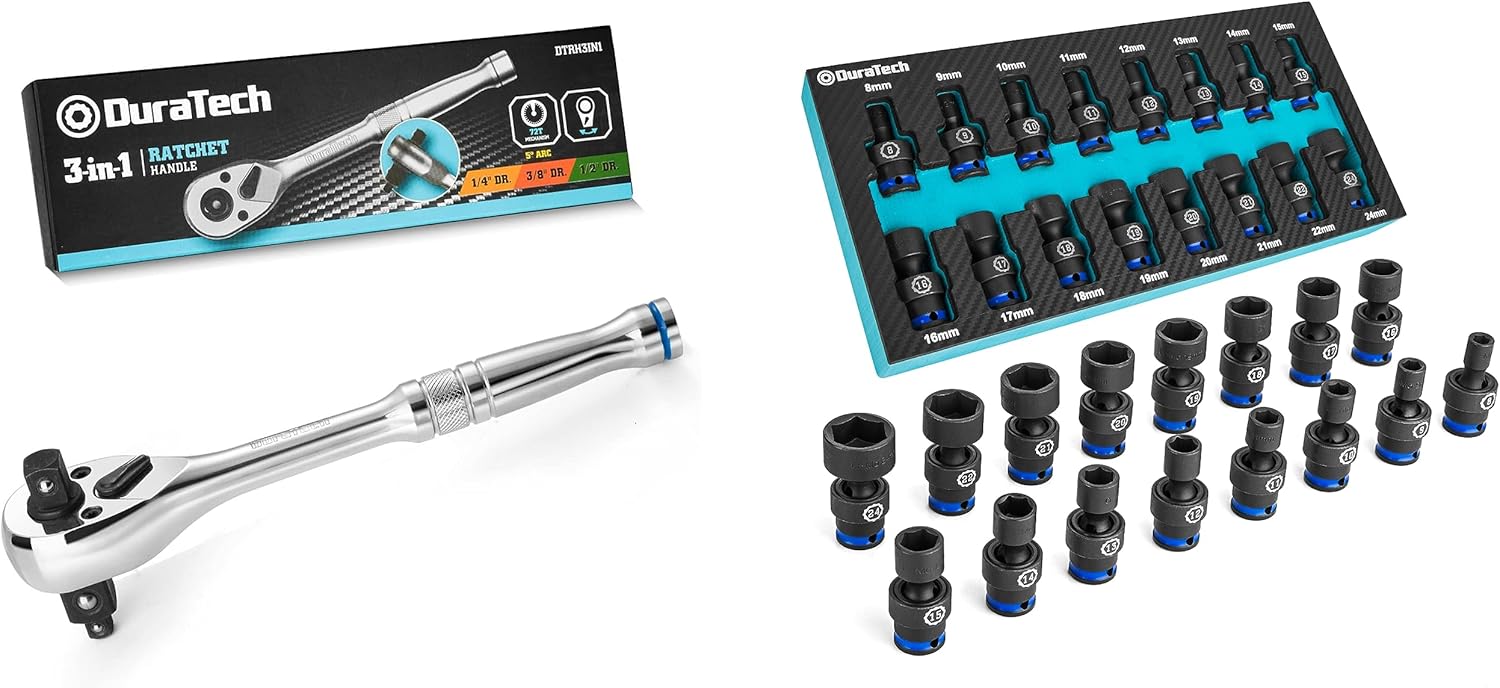 DURATECH 3-IN-1 Ratchet Handle, 3/8" Drive Impact Universal Joint ...