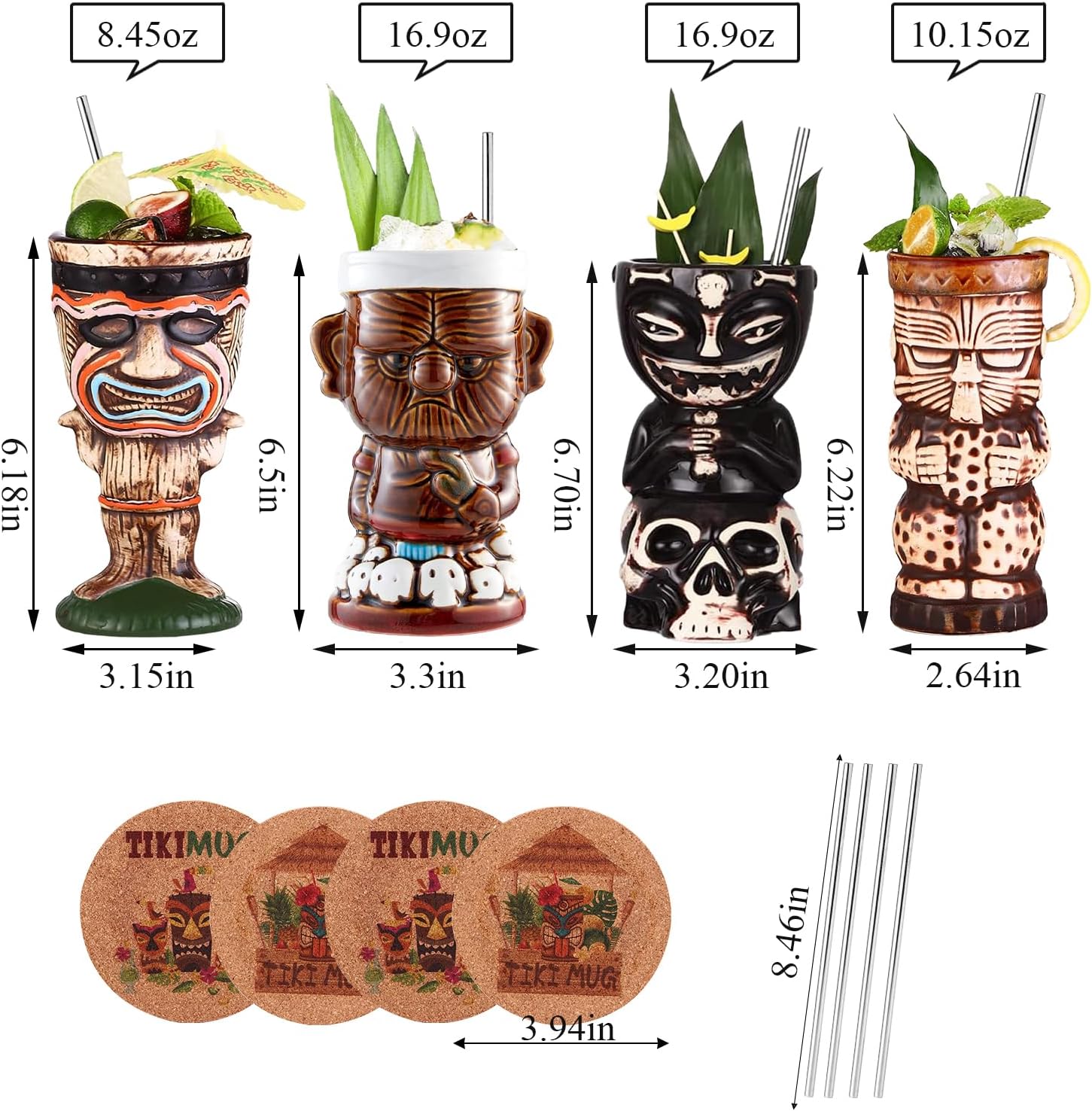 Juego de 4 tazas Tiki para cóctel, vasos de cerámica Tiki para fiesta ...