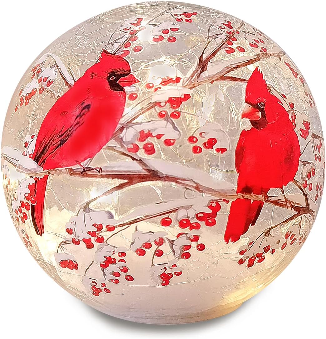 RANSCAH Glass Ball Light Crackle LED Night Light Red Bird Pattern ...