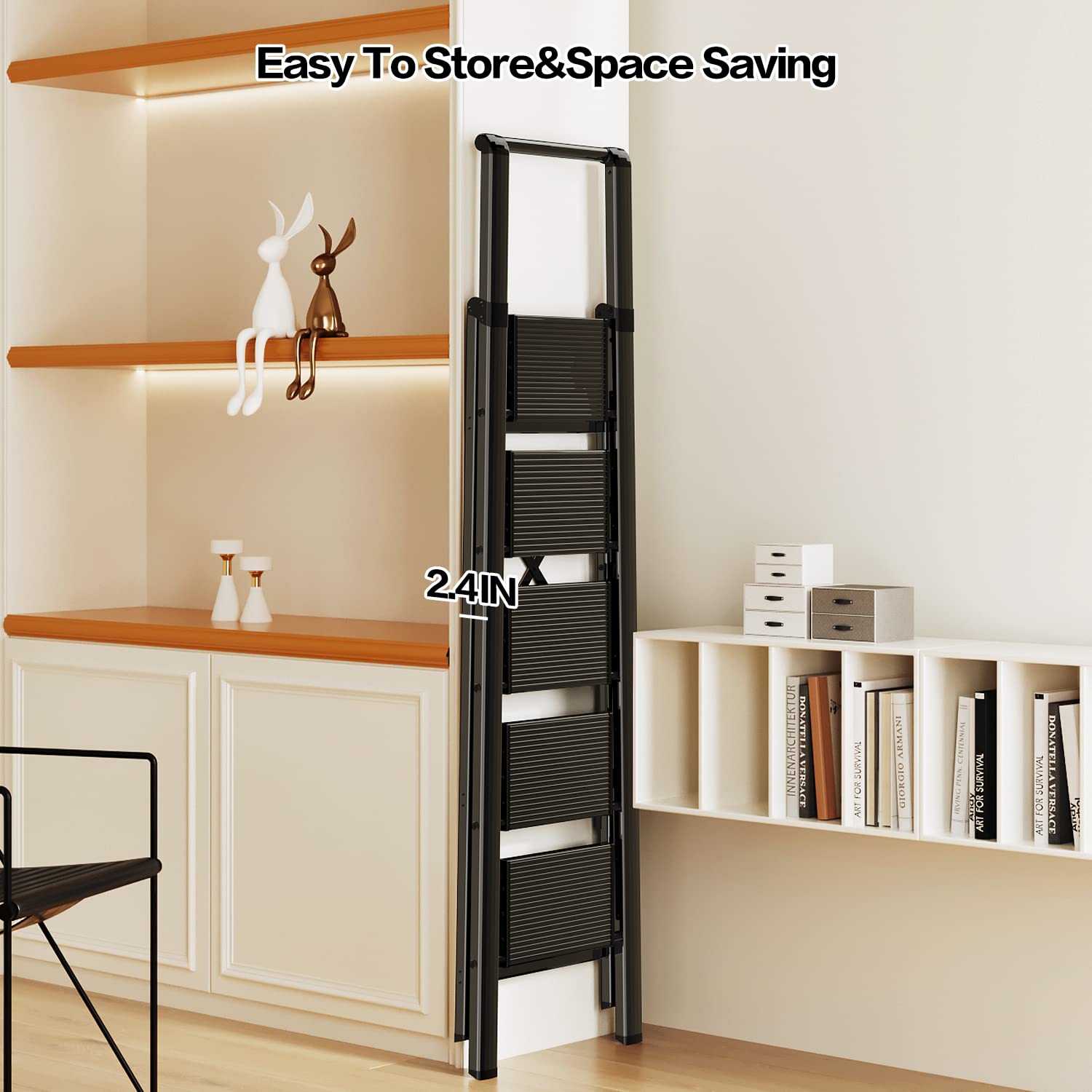 GameGem 5 Step Ladder, Aluminum Folding Step Stool with Anti-Slip ...