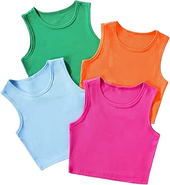 Amazon.com: OYOANGLE Girl's 4 Pack Ribbed Knit Tank Tops Cute Crew Neck ...
