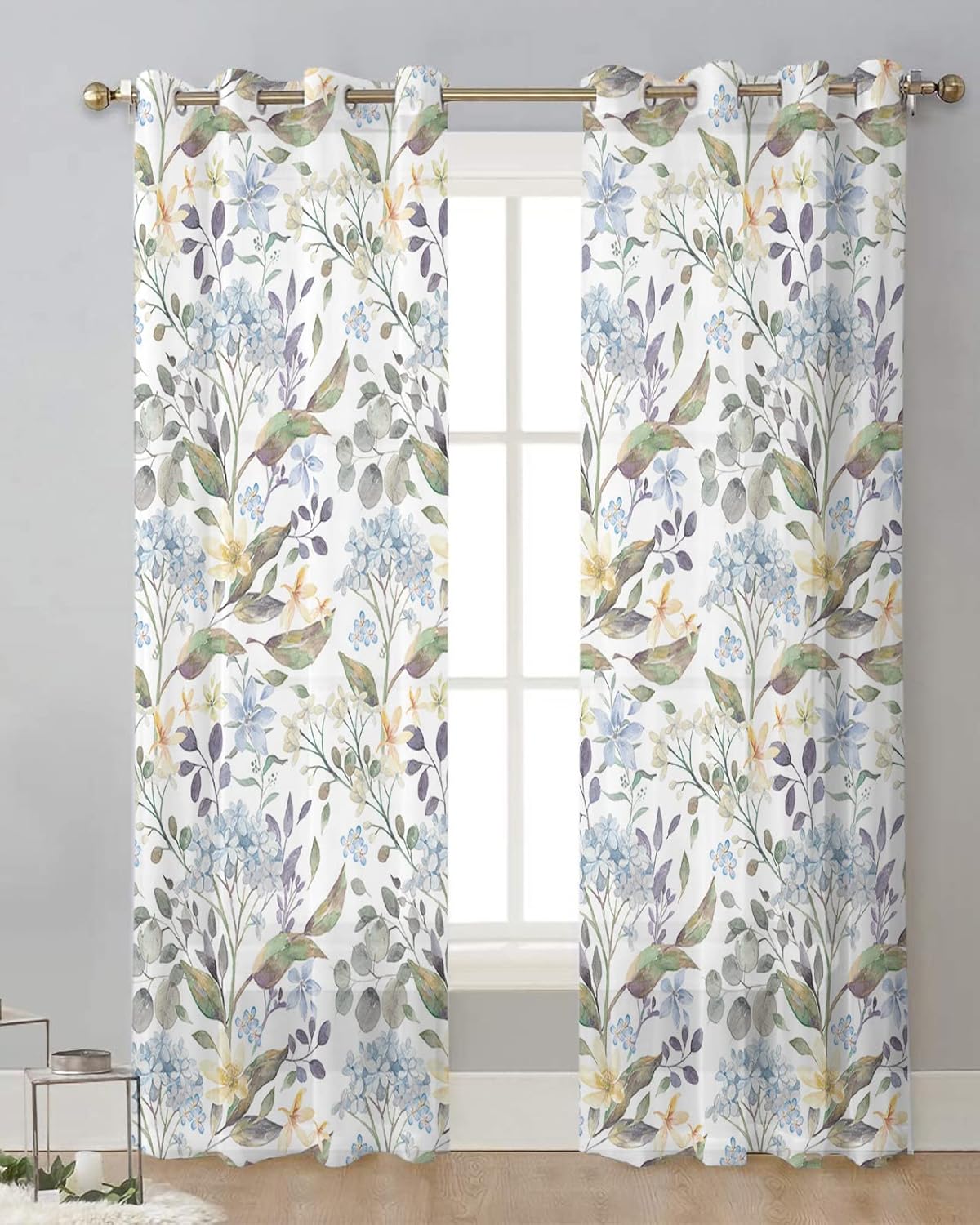 Amazon.com: Light Blue Hydrangea Sheer Curtains 63 Inches Long, Semi ...