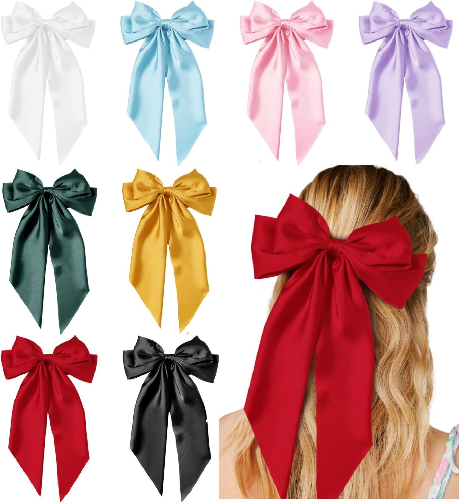 Amazon.com : PIDOUDOU Set of 6 Big Satin Solid 8 Inch Bow Hair Clips ...