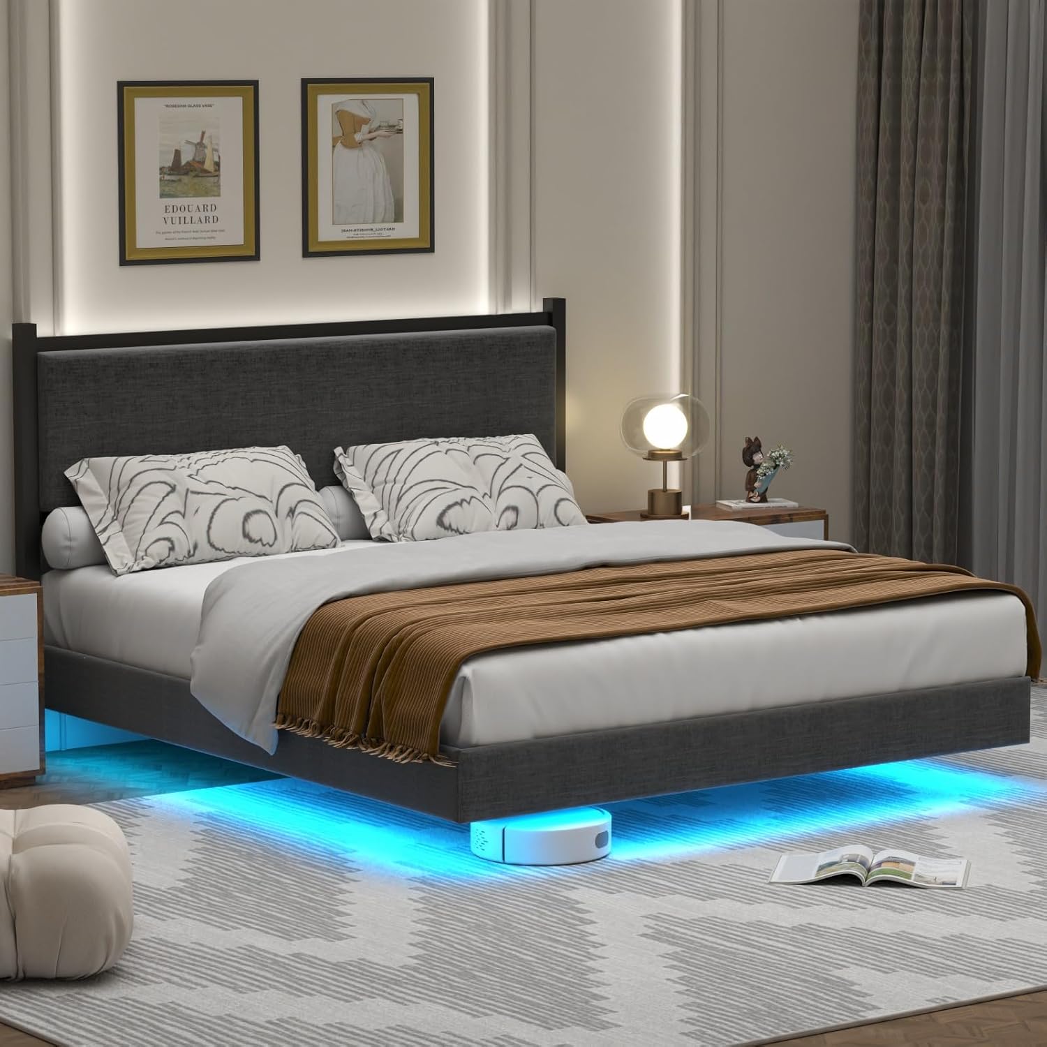 Gyfimoie Marco de cama flotante Queen con luces LED, moderno marco de ...