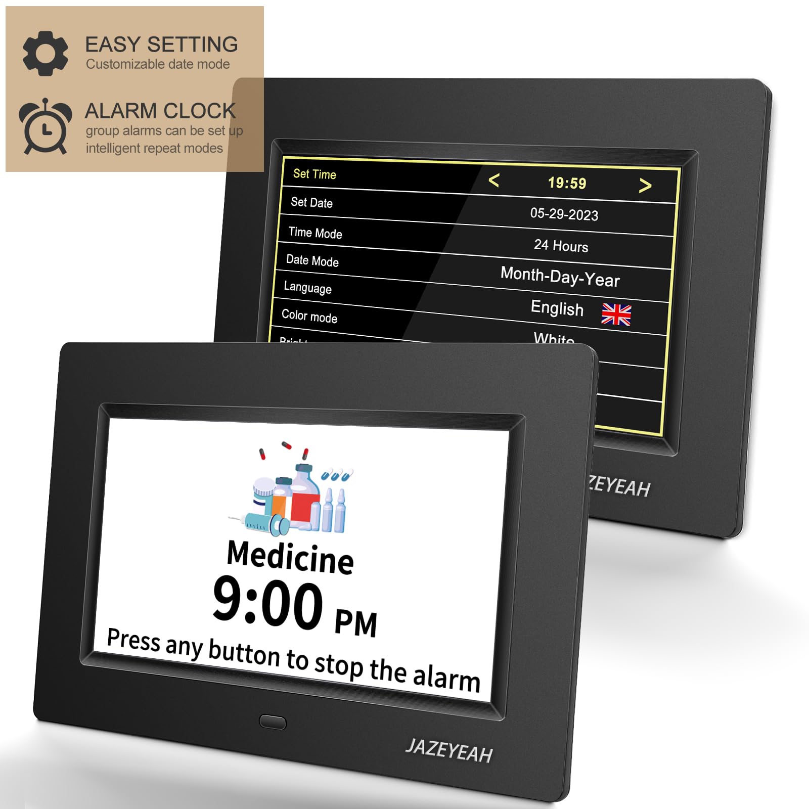 jazeyeah Digtal Clocks with Day and Date of Week for Seniors,12 Alarm ...